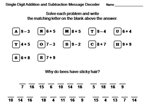 Single Digit Addition and Subtraction Activity: Math Message Decoder | Teaching Resources
