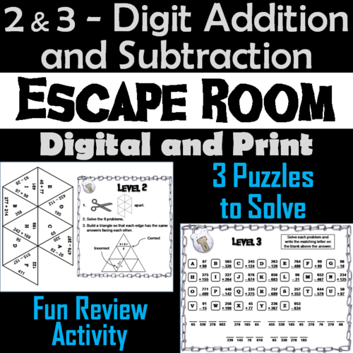 Escape Room: 2 and 3 Digit Addition and Subtraction With and Without ...