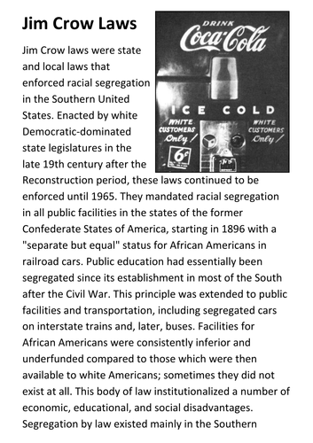 Jim Crow Laws Handout | Teaching Resources