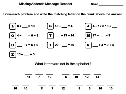 Missing Addends Addition and Subtraction Activity: Math Message Decoder ...