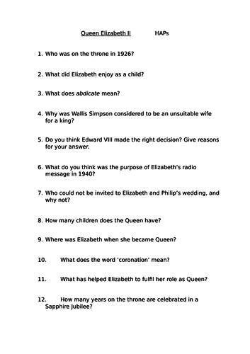 Queen Elizabeth II comprehension text 2 levels and 3-level ...