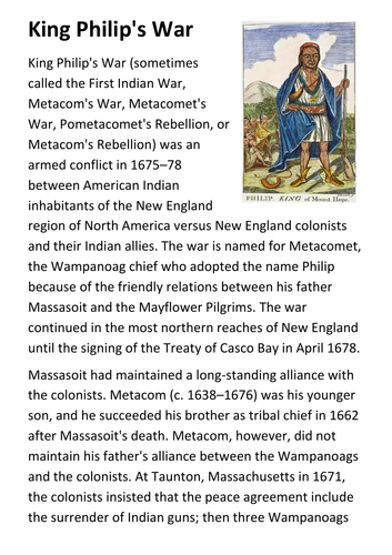 King Philip's War Handout | Teaching Resources