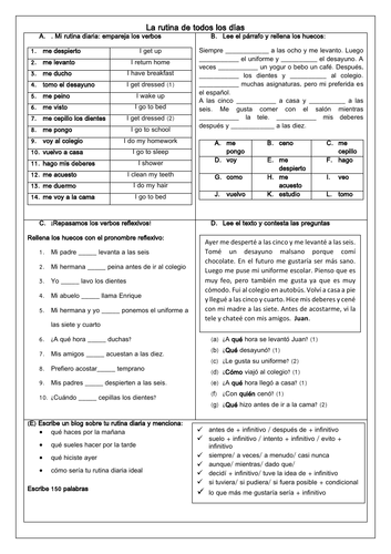 Spanish GCSE Daily Routine Revision Worksheet (Present & Past ...