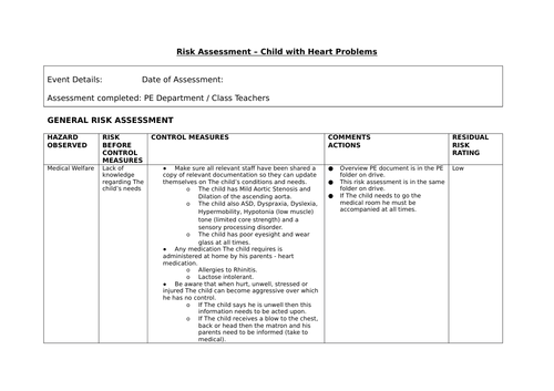 PE Risk Assessment - Child with Heart Problems | Teaching Resources
