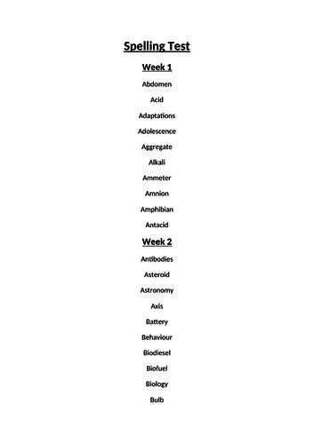 Science spelling test -17 weeks | Teaching Resources Science spelling test -17 weeks | Teaching Resources