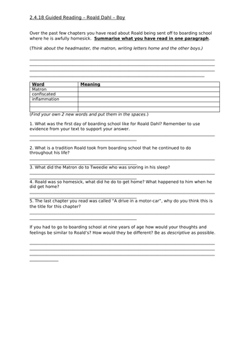Roald Dahl Boy Comprehension Differentiated chapters 10-15 | Teaching ...
