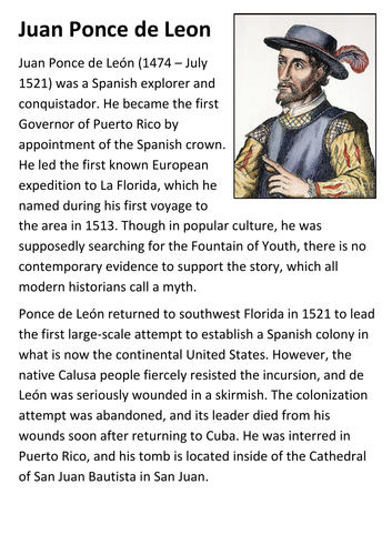 Juan Ponce de Leon Handout | Teaching Resources