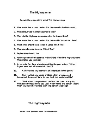 The Highwayman Poem With Worksheet Ideas James Wright: The Highwayman
