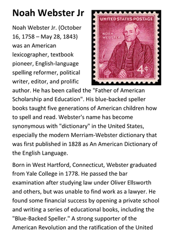 Noah Webster Jr Handout | Teaching Resources