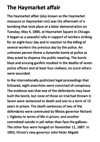 The Haymarket affair Handout | Teaching Resources