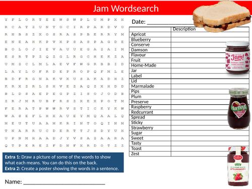 Jam Wordsearch Sheet Starter Activity Keywords Cover Food Nutrition ...