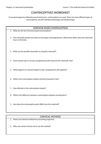 Contraceptives Worksheet | Teaching Resources