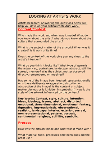 A level Artist research help sheet | Teaching Resources