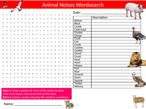 2 x Animal Noises Wordsearch Sheet Starter Activity Keywords Cover ...