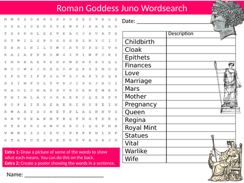 Roman Goddess Juno Wordsearch Sheet Starter Activity Keywords RE ...