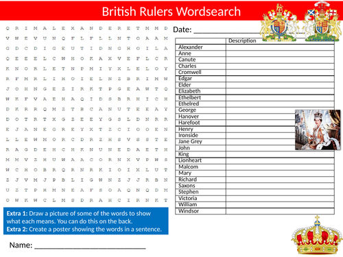 British Rulers Wordsearch Sheet Starter Activity Keywords Cover History ...