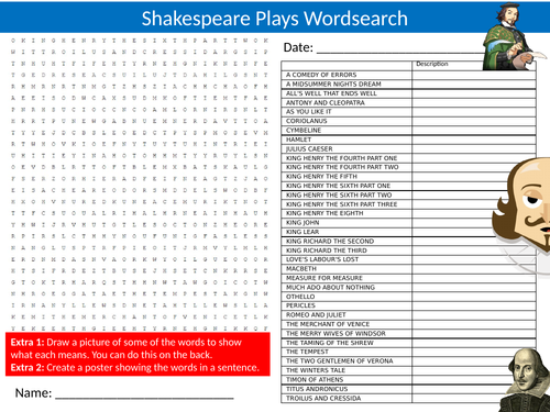 Shakespeare Plays Wordsearch Sheet Starter Activity Keywords Cover ...