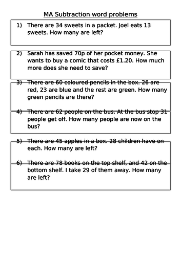 Subtraction word problems | Teaching Resources