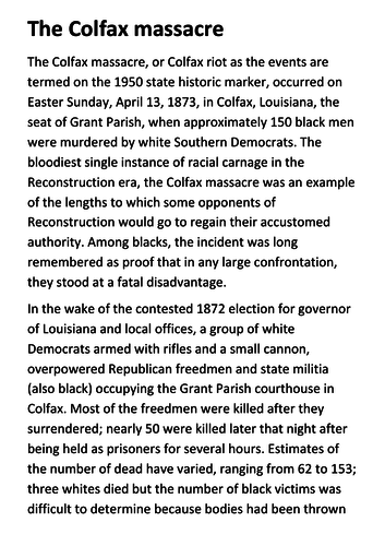 The Colfax Massacre Handout Teaching Resources