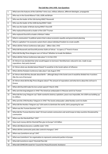 Edexcel GCSE History: The Origins of the Cold War 1941-58 Fact Test ...