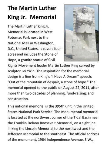 The Martin Luther King Jr. Memorial Handout | Teaching Resources
