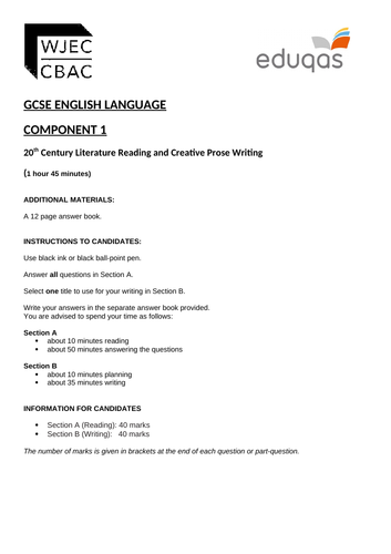 Eduqas GCSE English Lang Comp 1 Practice Examination Paper | Teaching ...