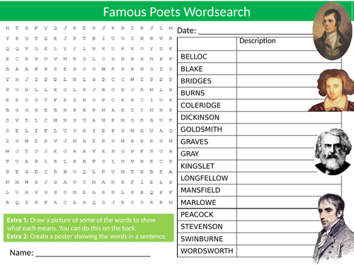Famous Poets Wordsearch Sheet Starter Activity Keywords Cover English ...