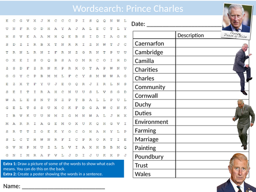 Prince Charles Wordsearch Sheet Starter Activity Keywords Cover British ...