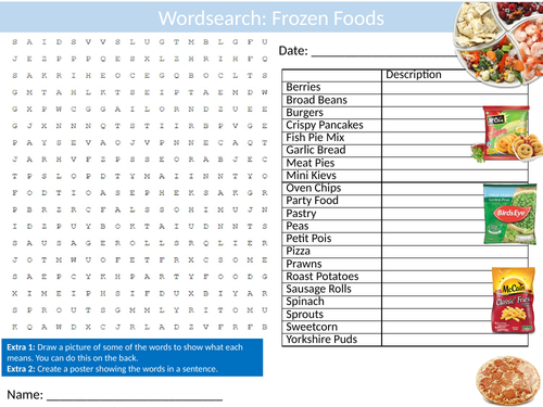 Frozen Foods Wordsearch Sheet Starter Activity Keywords Cover Food ...