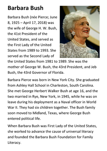 Barbara Bush Handout | Teaching Resources