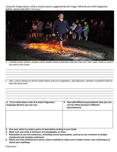 Walking on fire creative writing with prompt | Teaching Resources