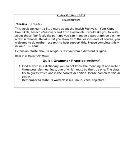 Year 3 English Homework Bundle Spring Term 2 | Teaching Resources