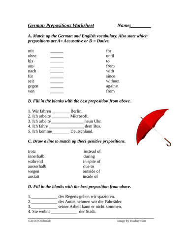 German Prepositions Worksheet: Accusative, Dative and Genitive ...