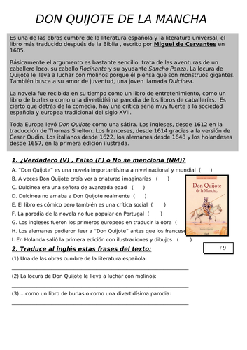 SPANISH A LEVEL READING DON QUIJOTE DE LA MANCHA | Teaching Resources
