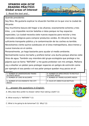 SPANISH GCSE READING PRACTICE / REVISION - ENVIRONMENT | Teaching Resources