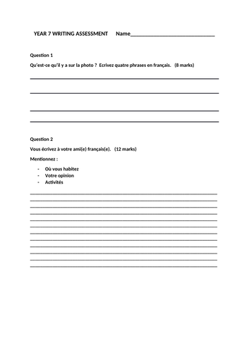 French Studio 1 end of year writing assessment | Teaching Resources