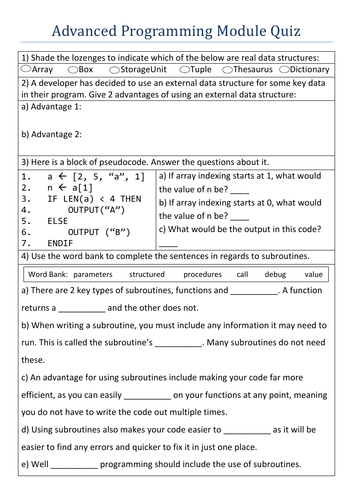 GCSE Computer Science Module Quiz - Advanced Programming - Linked to ... GCSE Computer Science Module Quiz - Advanced Programming - Linked to ...