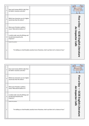 An Inspector Calls 5-A-Day Revision Questions | Teaching Resources