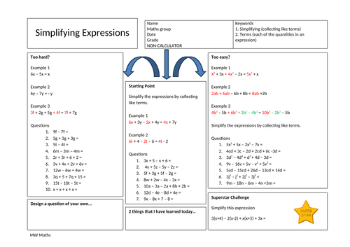 Best differentiation - Simplifying Simple Algebraic Expressions | Teaching Resources