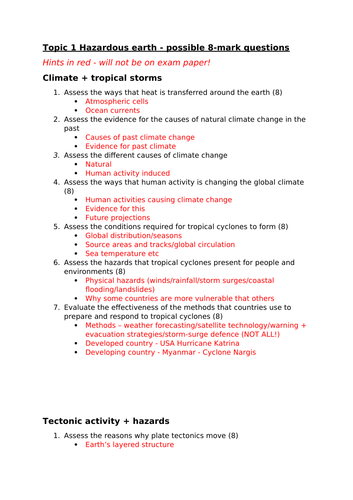 Edexcel GCSE Geography 9-1 Topic 1 Hazardous earth - predicted 8 mark questions and pupil hints ...