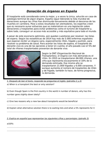 SPANISH A LEVEL ORGAN DONATION sheet | Teaching Resources