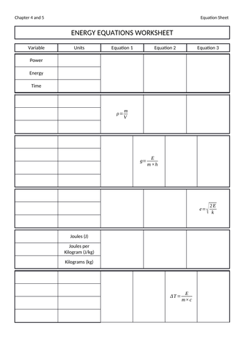 Energy Equations Worksheet | Teaching Resources