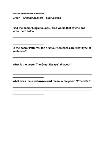 Animal Crackers - Sue Cowling comprehension | Teaching Resources