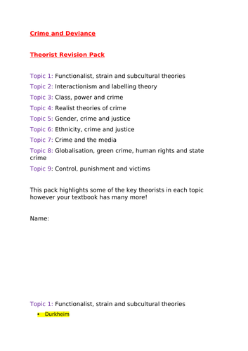 Theorist Revision Pack Crime and Deviance | Teaching Resources