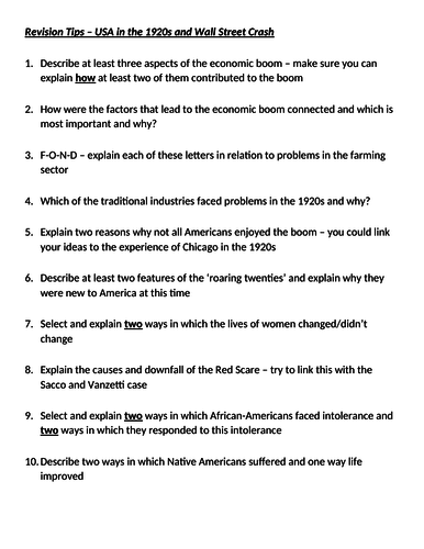 Revision Tips - USA in the 1920s/30s - IGCSE History | Teaching Resources