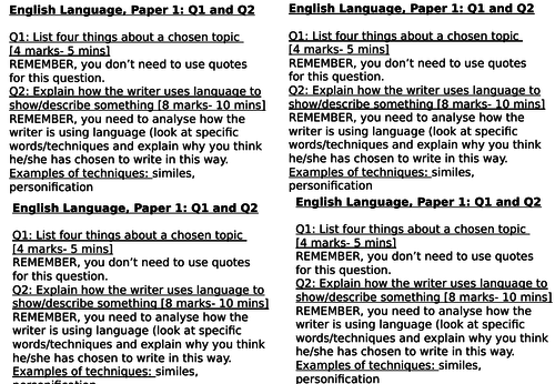 Revision Key Cards for GCSE English Language AQA | Teaching Resources