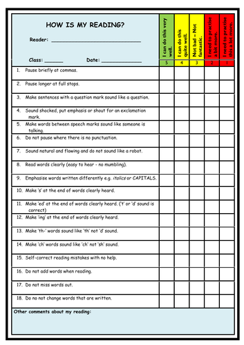Assessing Reading - Pupil Self-Assessment - Tracking progress sheet ...