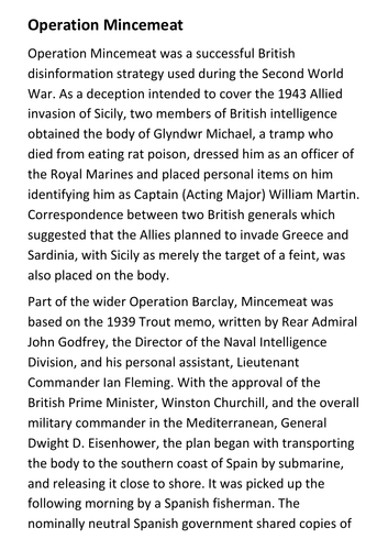 Operation Mincemeat Handout | Teaching Resources