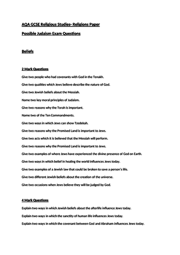 AQA 9-1 RS- Possible Judaism Exam Questions | Teaching Resources AQA 9-1 RS- Possible Judaism Exam Questions | Teaching Resources