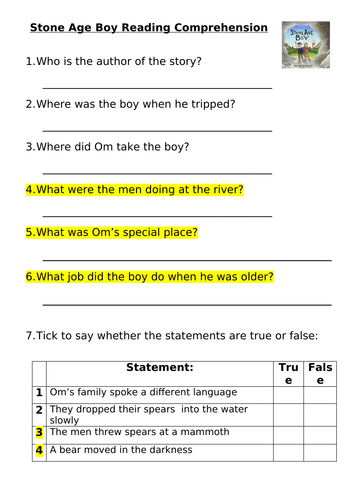 Stone Age Boy Reading Comprehension | Teaching Resources